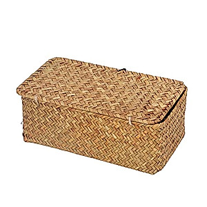 Yuehuamech Woven Storage Basket with Lid Natural Seagrass Organizer Box Rectangular Shelf Basket Bins Rattan Wicker Storage Case for Clothes Makeup Jewellery (S)