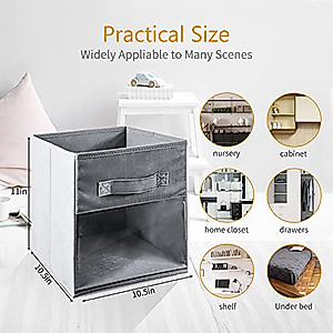 6 Pcs Foldable Fabric Storage Cubes, 11 Inch Cube Storage Bins, Cubby Storage Bins, Shelf Baskets with 2 Durable Handles and Clear Window, for Clothes, Toys, Books, Closet, Shelf, Kids Room, Grey