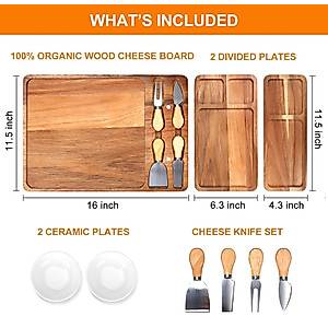 9 PCS Acacia Wood Cheese Board and Knife Set Large Charcuterie Platter Meat Cheese and Cracker Tray Vegetarian Fruit Snack Board Food Serving Tray Grazing Board Magnetic Charcuterie Board Gift Set