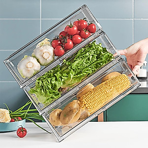 GREENTEC Fridge Organizer, Stackable Storage Container, Refrigerator Drawer, Pull Out Organization Bin for Kitchen, Closet, Sliding Freezer Organizer, Large, BPA Free