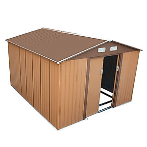 NBTiger 9.1’ x 10.5’ Large Outdoor Storage Shed, Sturdy Utility Tool Lawn Mower Equipment Organizer for Backyard Garden w/Gable Roof, Lockable Sliding Door, Vents, Floor Frame - Coffee