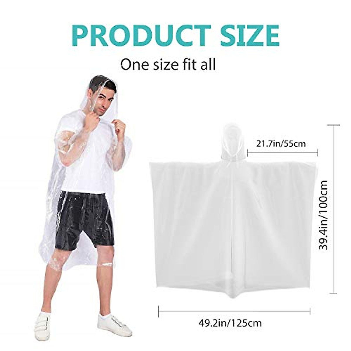 Disposable Rain Ponchos for Adult, Waterproof Plastic and Drawstring Hood, Clear (20 Pack)