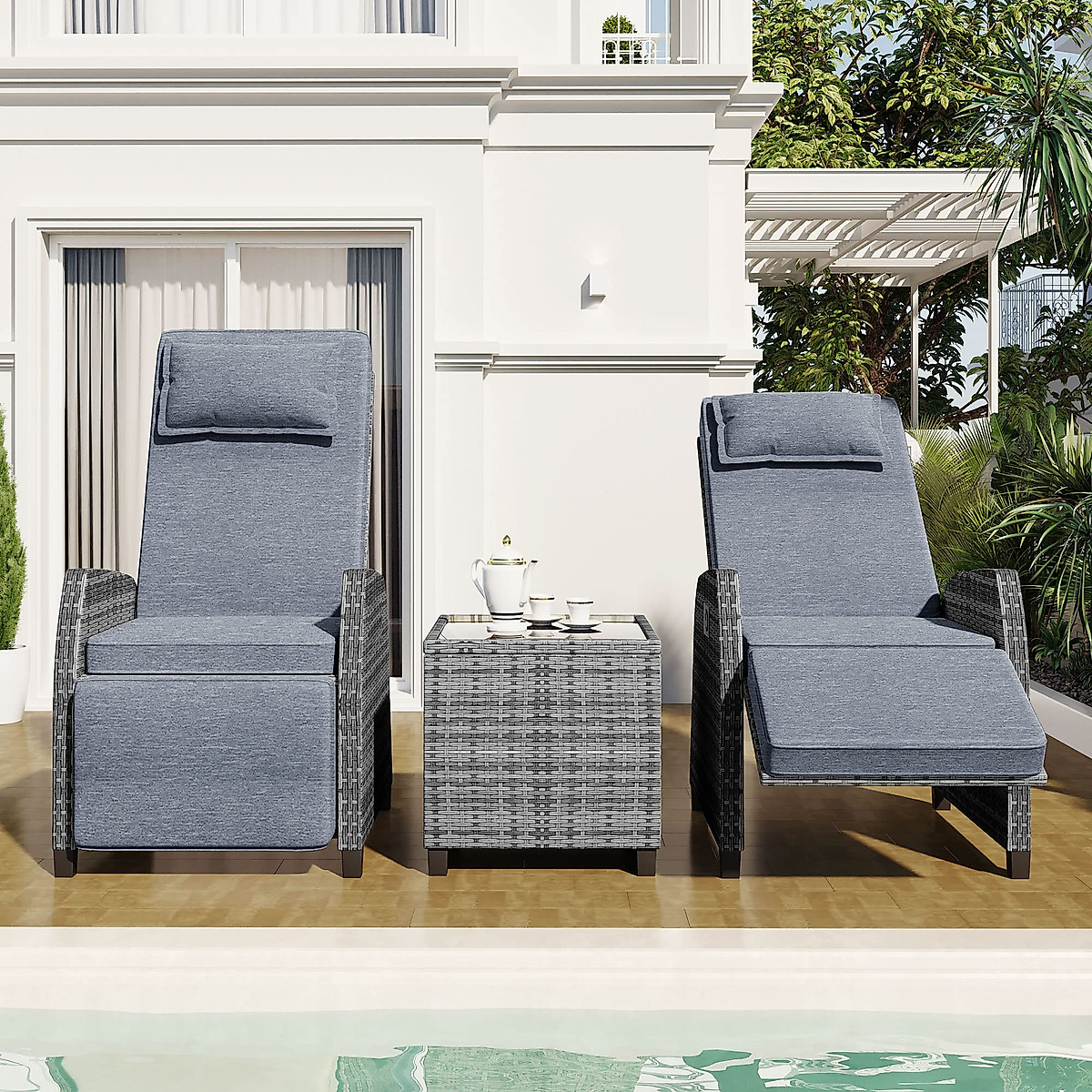 VilroCaz Outdoor Patio Rattan Single Sofa Set with Adjustable Backrest and Coffee Table, All Weather Two-Person PE Wicker Conversation Chairs Set for Courtyard, Swimming Pool, Balcony (Gray-3 Piece)