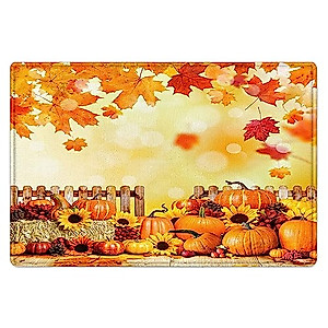 MEUNEAR Farmhouse Fall Shower Curtain and Bath Mat, Orange Pumpkin Sunflower and Maple Leaf Shower Curtain with Bathroom Rugs, 72X72 inches Autumn Thanksgiving Shower Curtains Set