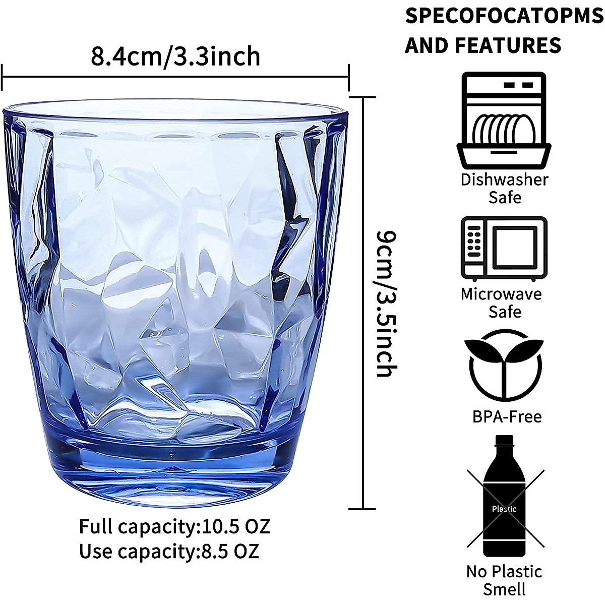Topsky 10 oz Plastic Water Tumblers | Set of 4 Transparent Unbreakable Drinking Glasses Clear Acrylic Reusable Juice Wine Cups for Home Picnic Party, Dishwasher Safe, Stackable (Blue)