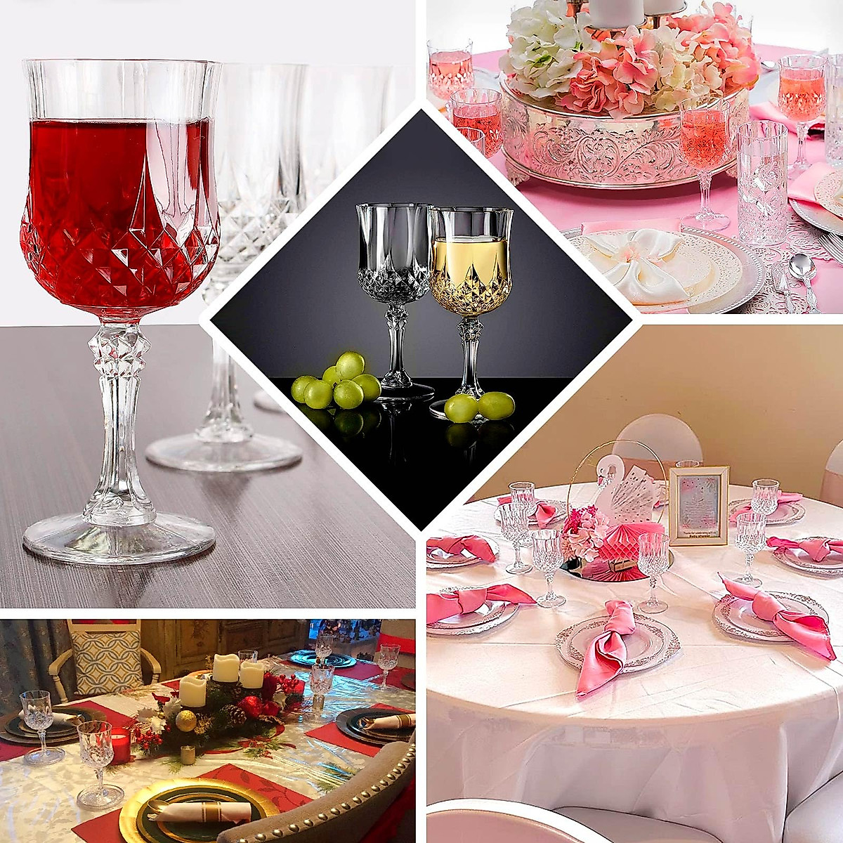 Efavormart 6 Pack | 8oz Black Crystal Cut Reusable Plastic Wine Glasses, Disposable Cocktail Goblets