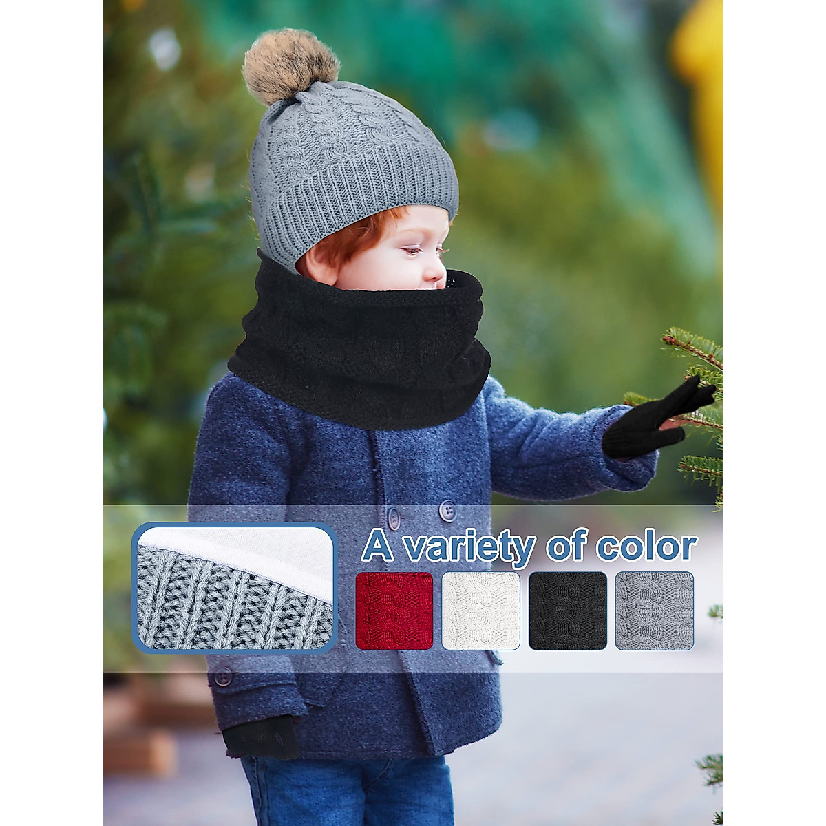 12 Pcs Kids Hat Scarf Gloves Set Winter Knit Beanie Cap Satin Inner Lining Neck Warmer Gaiter Warm Thermal Mittens Christmas Gift for Toddler Girls Boys 2-7 Years