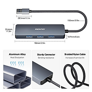 BENFEI USB 3.0 Hub, 4 Ports USB A Splitter Ultra-Slim USB Expander for Mouse, Keyboard, Flash Drive, U Disk, Printer Compatible with Laptop, Desktop PC, Xbox, PS5, and More