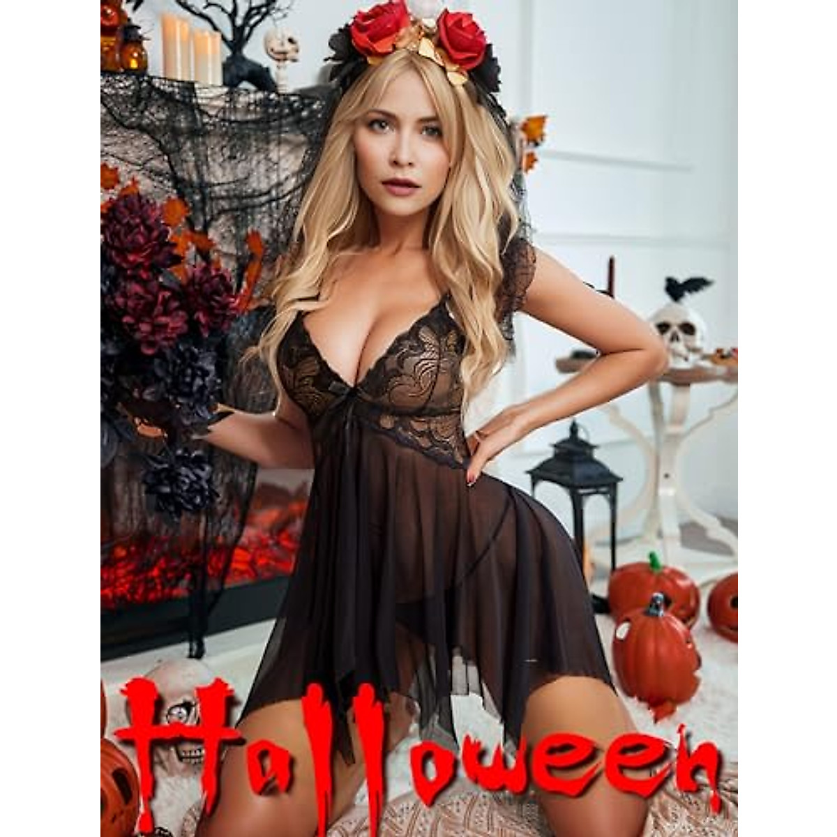 KEMIYA Lingerie for Women Lace Babydoll Sleepwear Boudoir Outfits V Neck Sleepwear Strap Chemise Black X-Large