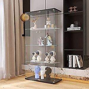 Zacis Modern 4-Tier Two-Door Glass Display Cabinet Shelves with Door Floor Standing Curio Glass Countertop Display Bookshelf for Living Room Bedroom Office