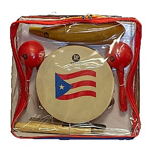 DP Music Parranda Kit Percussion with Carrying Bag - Puerto Rico Flag 8 Inches Tambourine - Claves - Plastic Güiro & Maracas (Maracas Red)