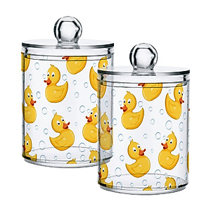 DOMIKING Rubber Duck 2 Pack Cotton Swab Holder Dispensers Plastic Jar Bathroom Storage Canister Acrylic Containers for Floss Makeup Sponges Cotton Ball
