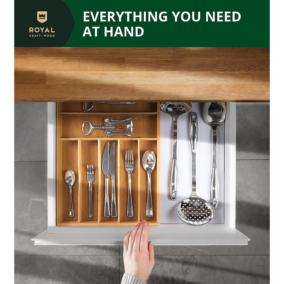 ROYAL CRAFT WOOD Luxury Bamboo Kitchen Drawer Organizer - Silverware Organizer and Cutlery Tray with Grooved Drawer Dividers for Flatware and Kitchen Utensils (7 Slot, Natural)