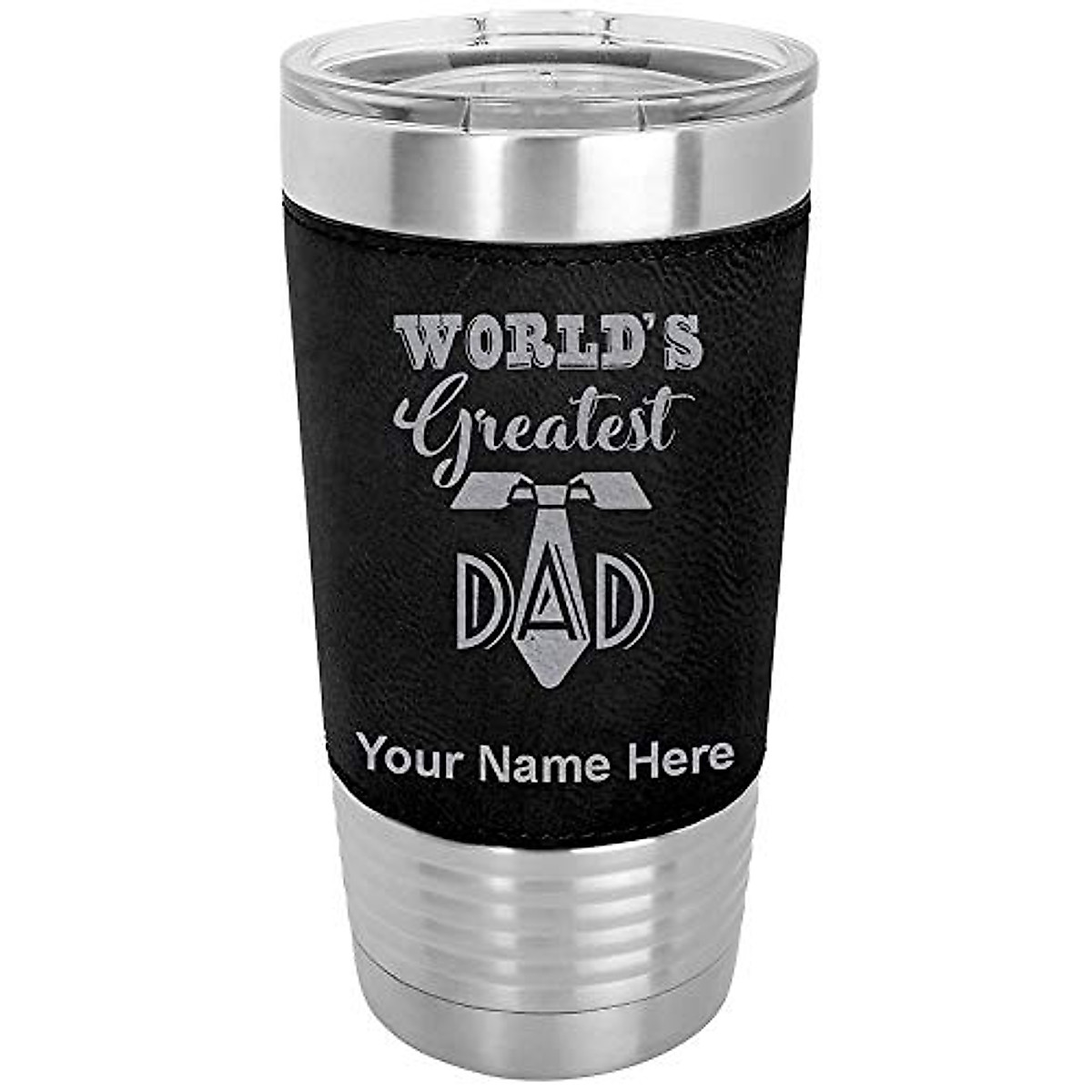 LaserGram 20oz Vacuum Insulated Tumbler Mug, World's Greatest Dad, Personalized Engraving Included (Faux Leather, Black)