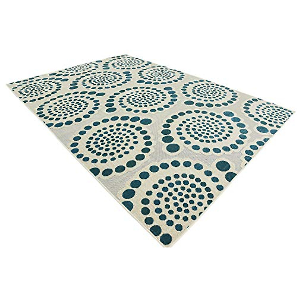 Unique Loom Modern Collection Geometric, Contemporary, Circles, Swirls, High-Low Pile, Indoor and Outdoor Area Rug, 7 ft x 10 ft, Ivory/Teal