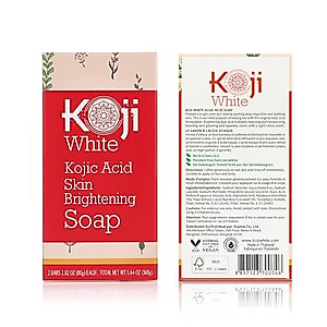 Koji White Pure Kojic Acid Skin Brightening Soap for Pigmentation with Hyaluronic Acid, Vitamin C - Even Tone Cleansing Bar, Sun Damage Skin with Tea Tree, Coconut Oil, Vegan, 2.82 oz (2 Bars)