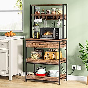 Tribesigns Kitchen Bakers Rack with Power Outlets, 5-Tier Microwave Oven Stand with Drawer and Sliding Shelves, Freestanding Coffee Bar, Kitchen Storage Shelf with 6 Hooks, Rustic Brown