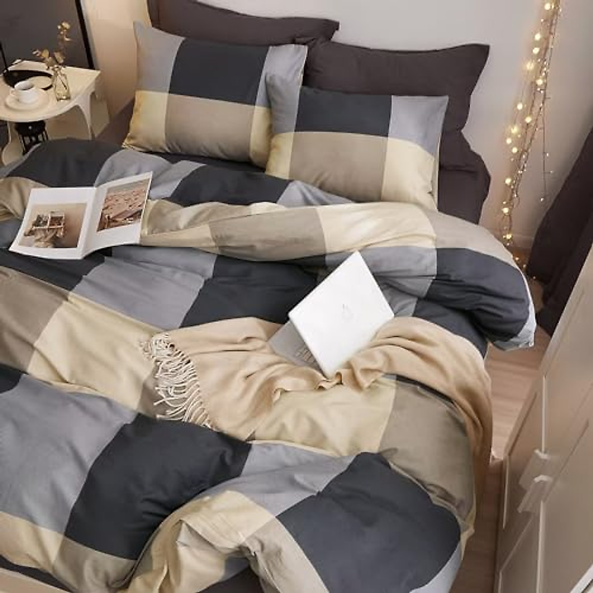 VClife Cotton Duvet Cover Queen, Modern Beige Black Grey Grid Printed Bedding Sets, 3 PCS Simple Queen Size Geometric Duvet Cover for All Season, Zipper Closure & Corner Ties, Easy Care, Breathable