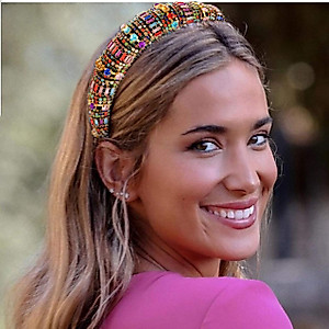 Rhinestone Headbands for Women Bling Jewelled Rainbow Crystal Beaded Padded Headband Baroque Bedazzled Hairband Fashion Velvet Wide Hair Hoop Accessorires For Wedding Party (Bar rhinestone headband)