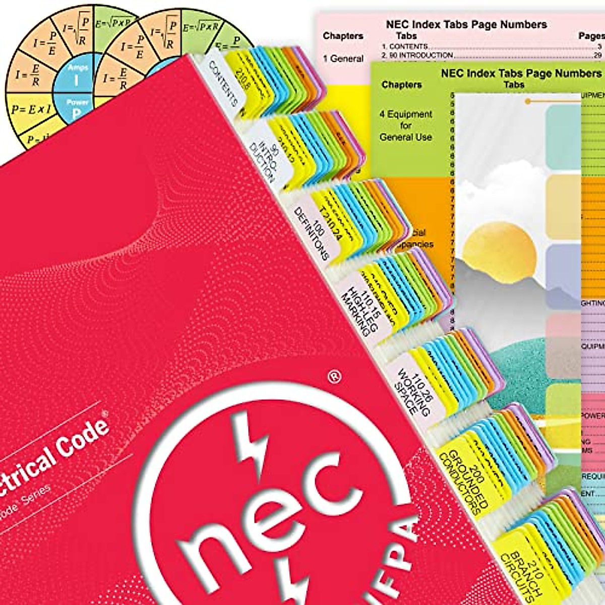 2023 NEC Code Book Tabs (Book not Included), 124 Printed NEC Tabs with 16 Blank Tabs, Color-Coded and Laminated, with Wire Chart & 2 Ohm's Law Stickers