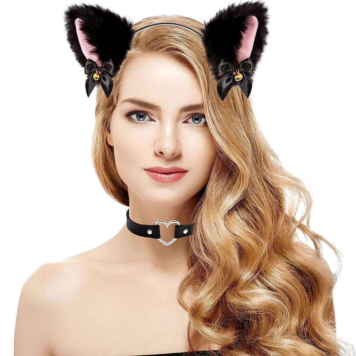 Whaline Black Cat Ear Headband with Bell Heart Chocker Necklace Girl Plush Furry Cat Ear Hair Band for Girl Women Adult Cosplay Party Fancy Dress Halloween Drama, 2Pcs