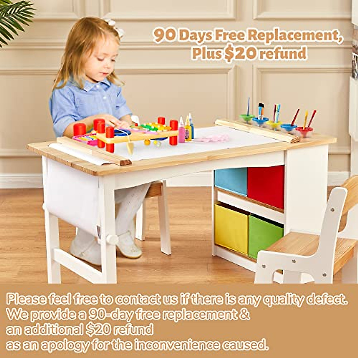 FUNLIO Wooden Kids Art Table & 2 Chairs Set (for Ages 3-8), Kids Craft Table with Large Storage & Paper Rolls, Toddler Drawing Table Solid Wood, Easy to Assemble/Clean, CPC & CE Certified