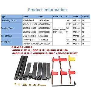 1/2" CNC Carbide Lathe Turning Insert Tool, 12mm Shank Indexable Lathe Boring Bar Turning Tool Holder Set With Carbide Inserts For Semi-finishing and Finishing-21pcs (1/2"-21PCS)