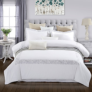 Superior Embroidered Cotton Duvet Cover Set, Soft Bedding Covers, Bedroom, 1 Duvet Cover with Button Closure, 1 Pillow Sham, Elegant Design, Moonlawn Collection, Twin/Twin XL, White