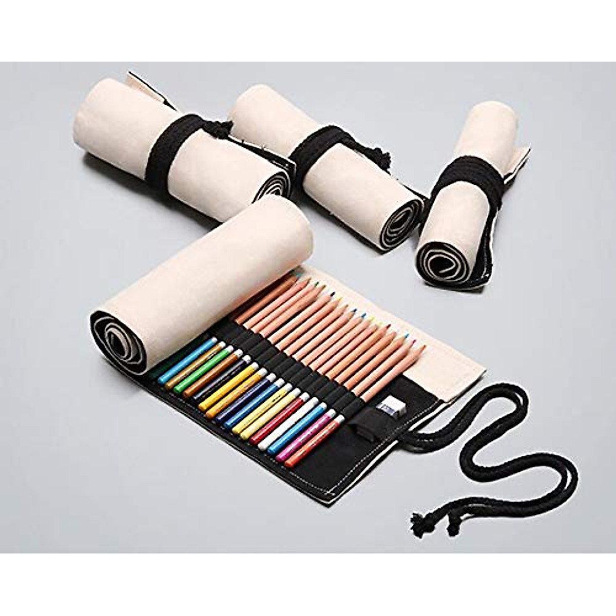 Handmade Canvas Pencil Roll Wrap 36/48/72 Holes, Multiuse Roll Up Pencil Case Large Capacity Pen Curtain for Coloring Pencil Holder Organizer (36-Slots, White)