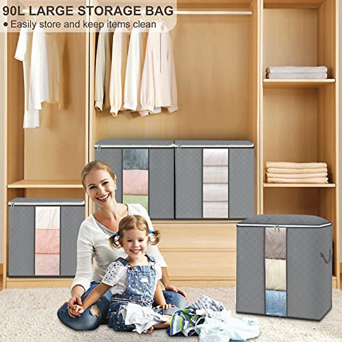 Ceither Large Storage Bag, 4 Pack Collapsible Storage Bins Organizer For Clothes Blankets Durable Fabric Smooth Zips Reinforced Handles, Visible Window Breathable Storage Box (vertical)