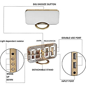 Digital Alarm Clock,6" Large LED Display with Dual USB Charger Ports | Auto Dimmer Mode | Easy Snooze Function, Modern Mirror Desk Wall Clock for Bedroom Home Office for All People (Gold)