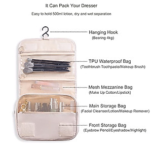 Fxkoolr Toiletry Bag for Women Hanging Makeup Bags Organizer Travel Bag for Toiletries Cosmetic Bag Waterproof Bathroom Shower Bag with Hook (Beige)