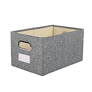 LaMorée Storage Bin Cotton Linen Fabric Basket Box Washable Foldable Decorative Rectangular Container with Handles Label Window Thick PP Plastic Board For Nursery Home Office - Solid Gray, Medium Size