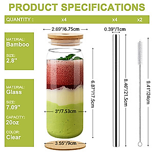 MOVNO Sublimation Glass Cups with Lids and Straws, 4 Pack 20oz Drinking Glasses with Bamboo Lid Iced Coffee Cup Can Shaped Cups Reusable Boba Cups Juices Cocktail Travel Bottle Gifts