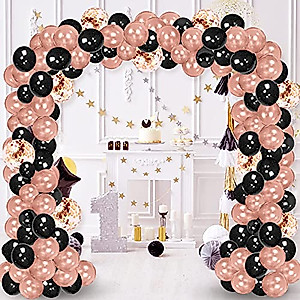 Black Rose Gold Balloons Garland Arch Kit, 112Pcs Rose Gold Black Confetti Latex Balloon Party Decorations for Birthday Bridal Wedding Shower Graduation Retirement Decor