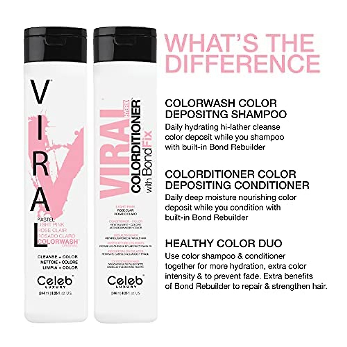 Celeb Luxury Viral Colorwash, Professional Semi-Permanent Hair Color Depositing Shampoo, Pastel Light Pink, 8.25 Fl Oz (Pack of 1)