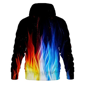 Neemanndy Red and Blue Fire Flame Graphic 3D Hoodies Realistic Print Outer Sports Sweaters for Men and Women, Large