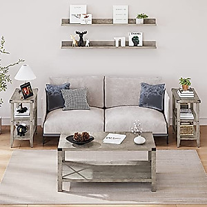 IDEALHOUSE Farmhouse End Table Rustic Side Table with Storage Shelf for Small Spaces Grey Bedside Table Narrow Nightstand for Living Room, Bedroom (Grey, 1PC)