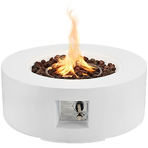 ECOTOUGE Outdoor Propane Firepit Table Set, 30 Inch Auto-Ignition Round Gas Fire Pit, 50,000 BTU Steel Fire Table w/Weather-Resistant Pit Cover, Lava Rocks, No Tank Holder, White