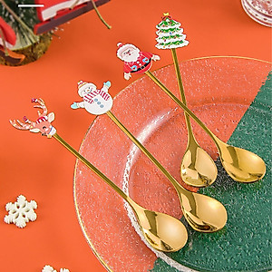 Acewen 4Pcs Christmas Coffee Spoons Santa Claus Christmas Tree Snowman Elk Stainless Steel Gold Spoons for Coffee Dessert Cake Tea Soup Dinner Tableware Practical Xmas Gift