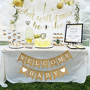 Anwyll Welcome Baby Burlap Banner,Baby Shower Decoration Banner,Pre-Strung Oh Welcome Baby Shower Sign for Backdrop,Adorable Neutral Gender Reveal Party Decor,Baby Announcement Sign for Girls Boys