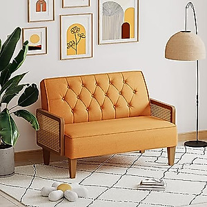 annjoe Button Tufted Loveseat Settee Upholstered Sofa with Natural Rattan Armrest Backrest Buckle Couch Banquette Bench for Dining Room Living Room Bedroom Funiture