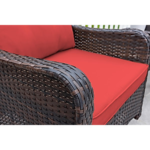Gotland 3 Pieces Patio Swivel Rocker Wicker Chairs-Outdoor Swivel Rocking Chairs with 1 Rattan Coffee Table&2 Red Thickened Cushions Outdoor Furniture Conversation Sets for Patio Porch Garden