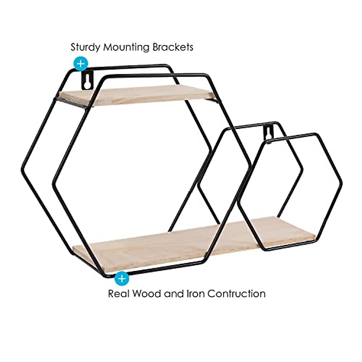 Houseables Hexagon Shelves, Wall Hanging, 16”x9”x4”, Small Wood, Black Iron, Metal Wire, Boho Geometric Honeycomb Shelf for Bathroom, Bedroom, Kitchen, Office, Storage, Plants, and Home Decor