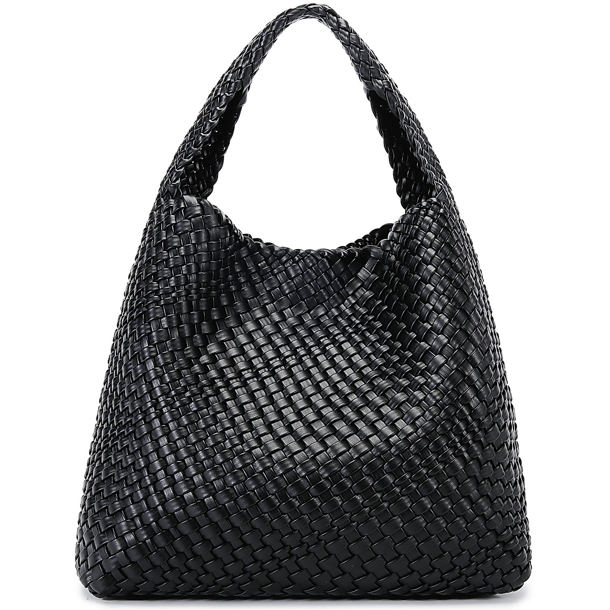 Fashion Woven Purse for Women Top-handle Shoulder Bag Soft Summer Hobo Tote Bag (Black)