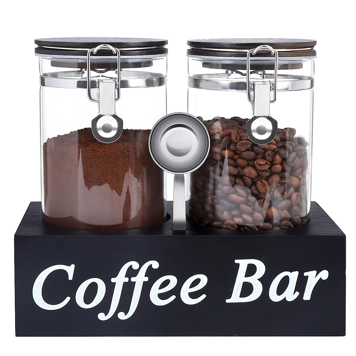 WYTAOHZL 2PCS Glass Coffee Containers with Shelf 54oz Coffee Station Organizer Glass Coffee Bean Storage with Spoon Coffee Canister Set Jars with Airtight Locking Clamp for Coffee Bean Ground Nuts
