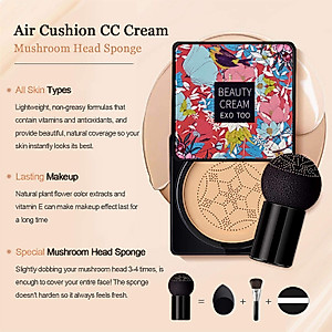 NUIBO Air Cushion CC Cream Foundation Moisturizing Long Lasting Matte Concealer Light Weight Smoothly Water Proof Makeup Base Liquid Foundation with 2PCS Mushroom Head【Natural/Unscrew Lid】