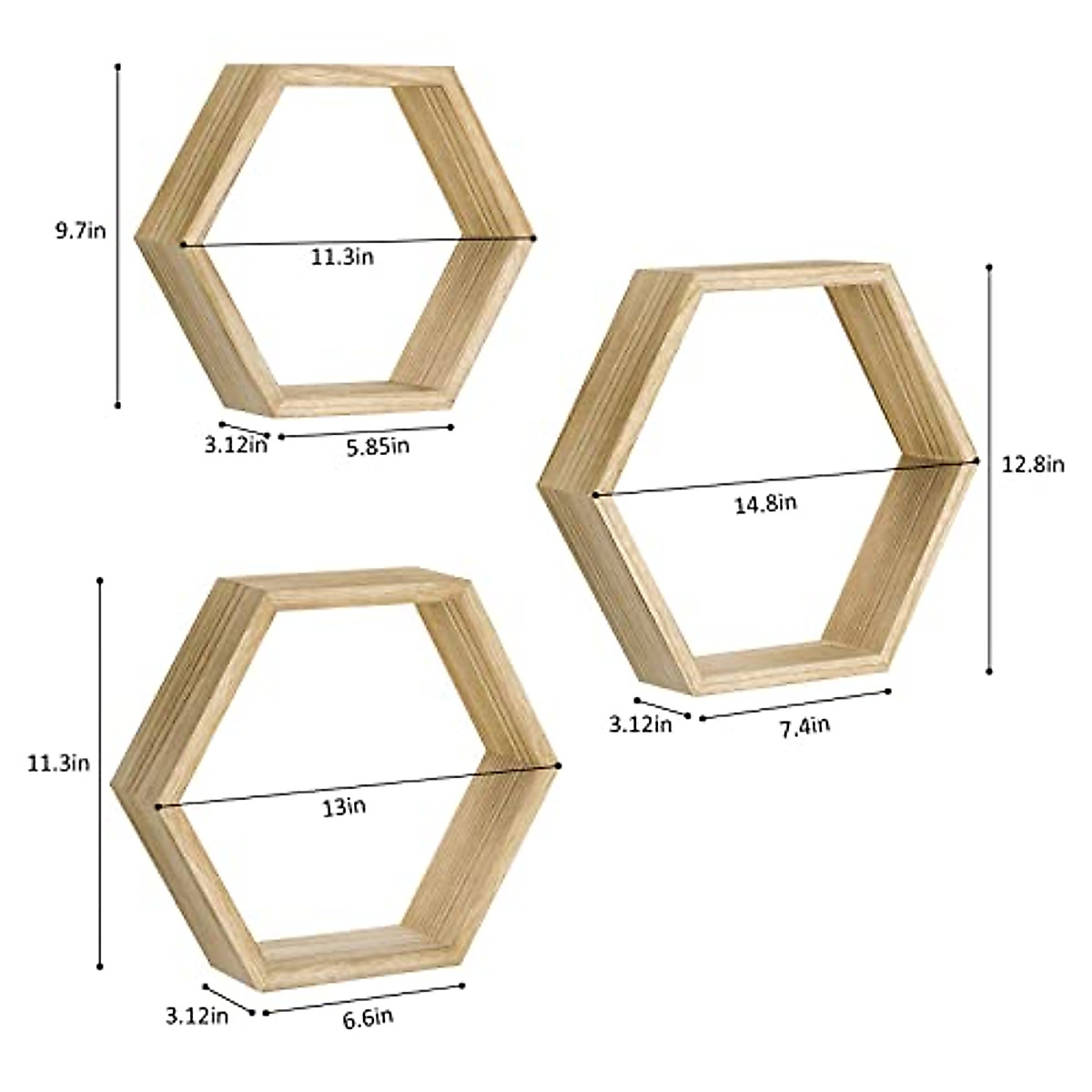 YBING Hexagon Floating Shelves Wall Mounted Farmhouse Wood Storage Honeycomb Wall Shelf Set of 6 Hexagonal Shelves Wall Home Decor Hexagon Shelves for Living Room Bedroom Office, Light Brown