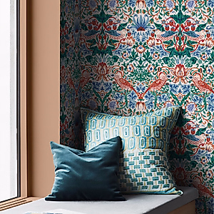 JiffDiff Vintage Wallpaper Peel and Stick Watercolor Floral Botanical Morris Wallpaper Strawberry Thief Easy Peel Off Wallpaper for Bedroom Mural Wall Decor Self-Adhesive 17.7in x 9.8ft