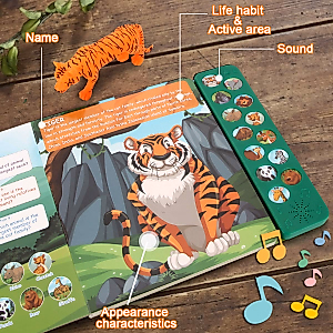 Tudoccy Safari Animals Figures Toys - 13 Realistic Wild Plastic Animal Figurines & Kids Sound Book - Educational Learning Toys Gift for 3 Years Old & Up Boys Girls Toddlers